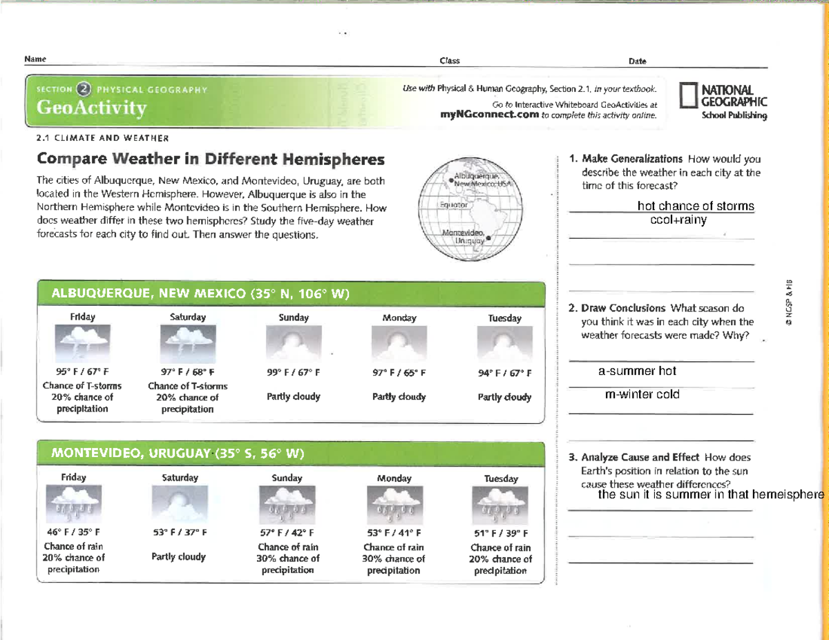 Geo Activity Compare Weather in Different Hemispheres - BISC 315 - hot ...