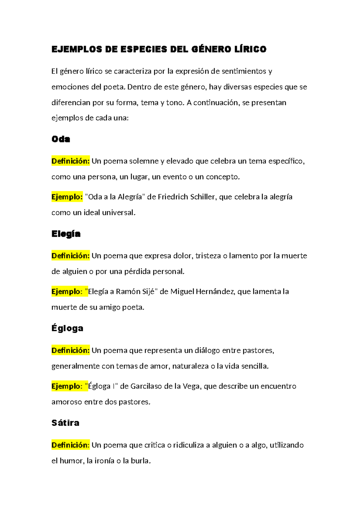 Ejemplos DE Especies DEL Género Lírico - EJEMPLOS DE ESPECIES DEL ...