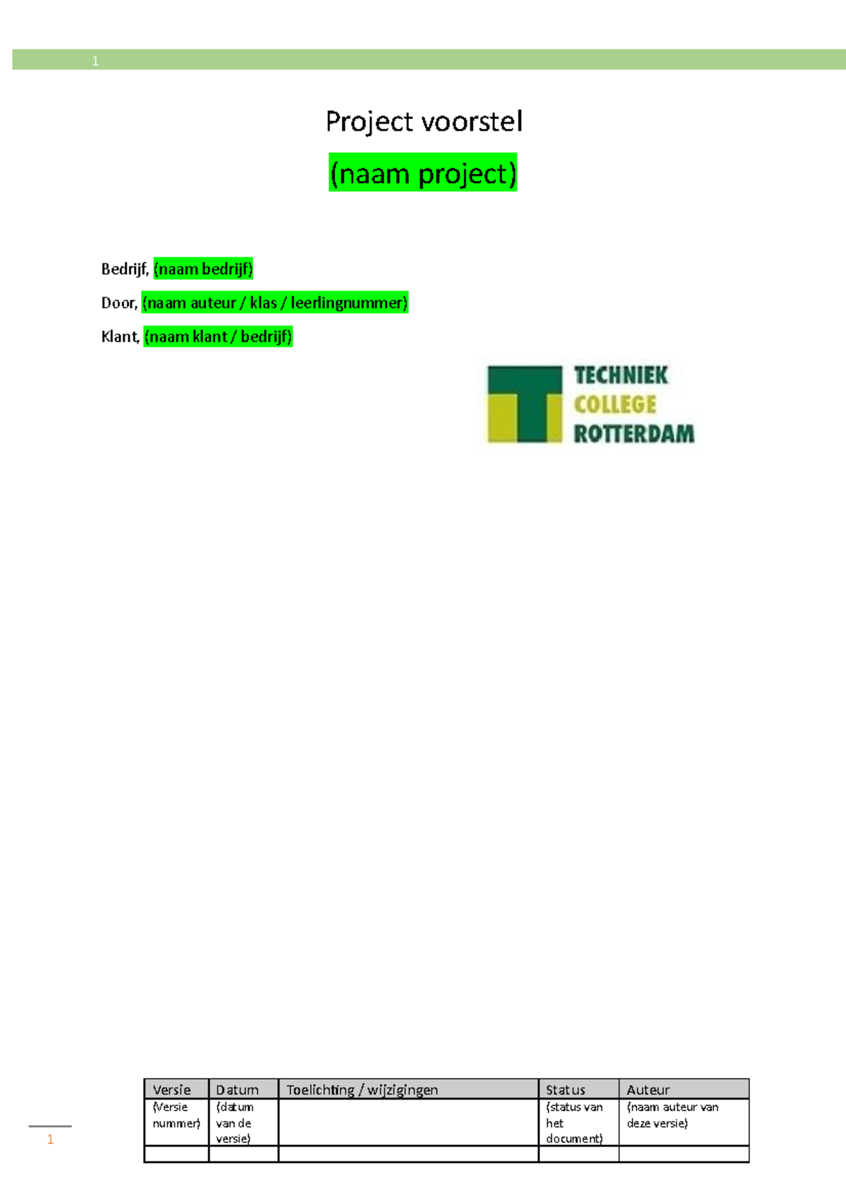Sjabloon projectvoorstel voor het vak project management - Project ...