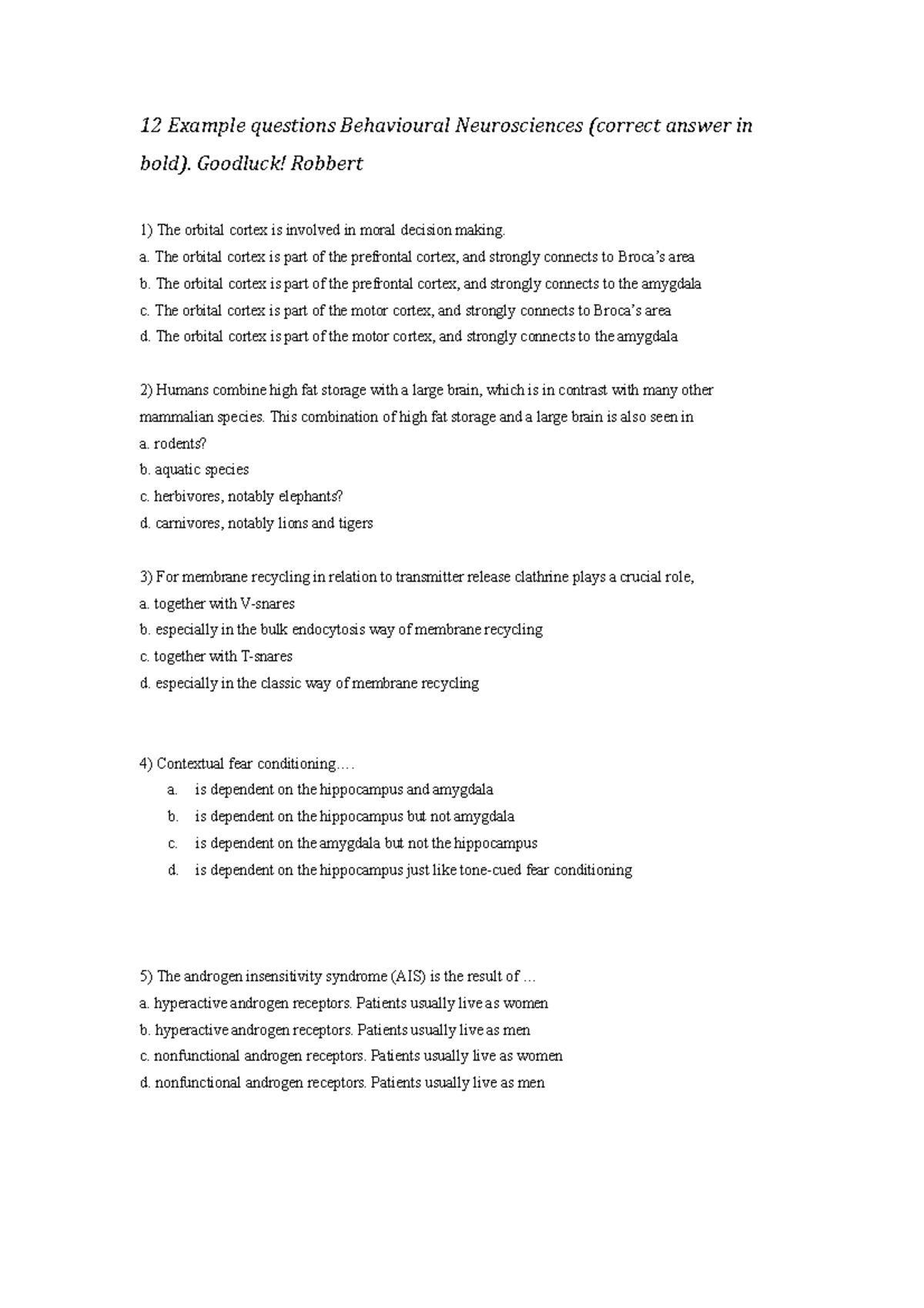 Example questions Behavioural Neurosciences 2019 - not bold - 12 ...