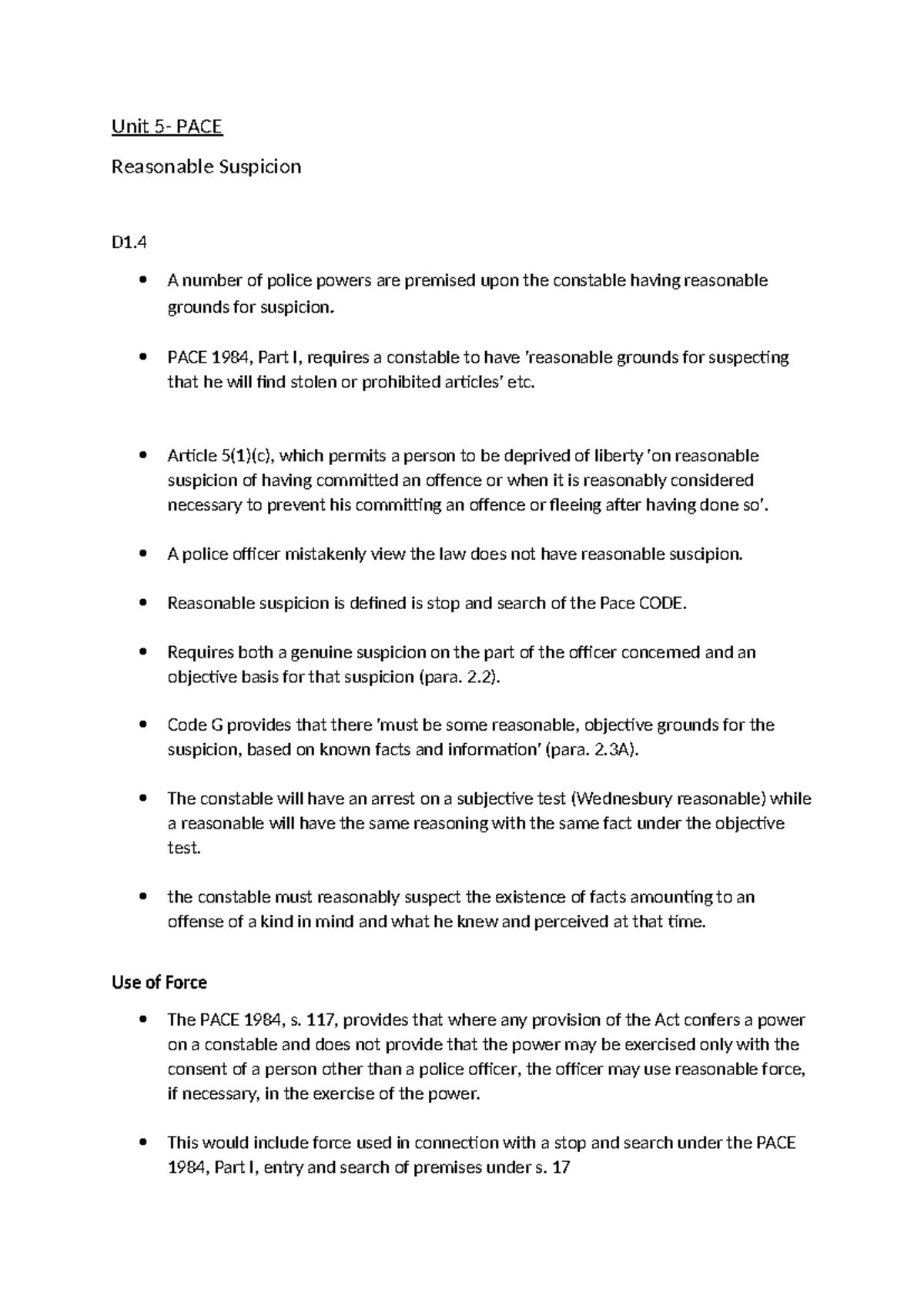 Unit 5- PACE - Summary Blackstone's Criminal Practice 2019 - Unit 5 ...