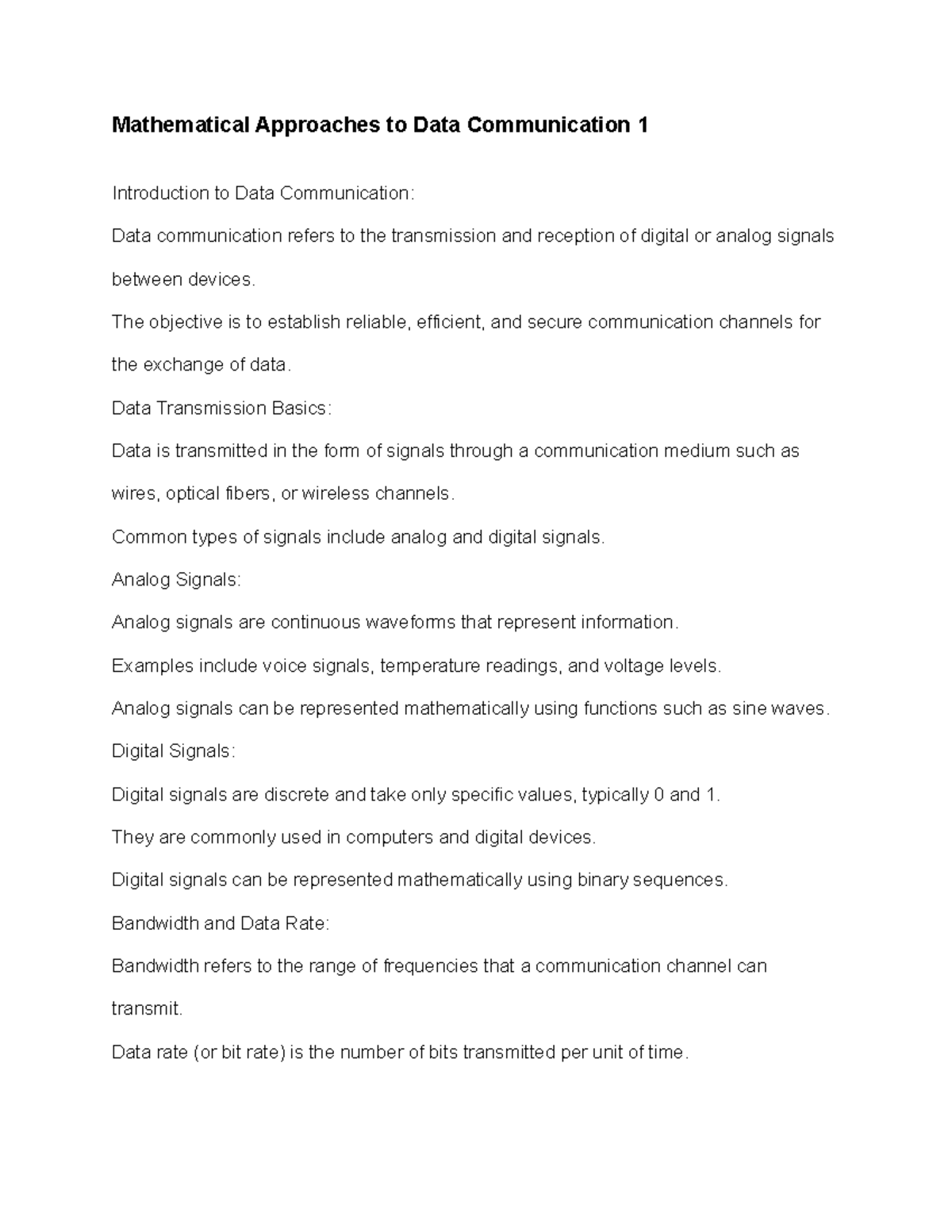 Mathematical Approaches to Data Communication - Studocu