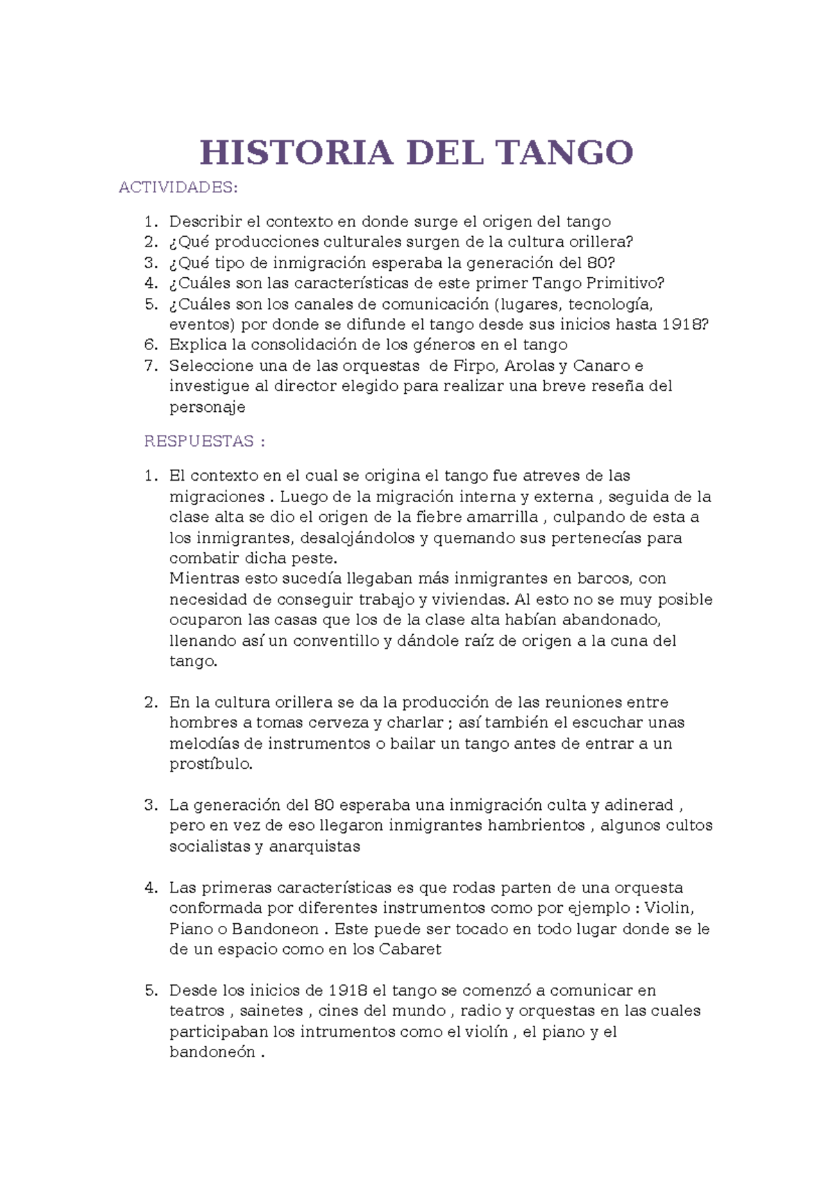 Historia DEL Tango - Ninguna - HISTORIA DEL TANGO ACTIVIDADES: 1 ...