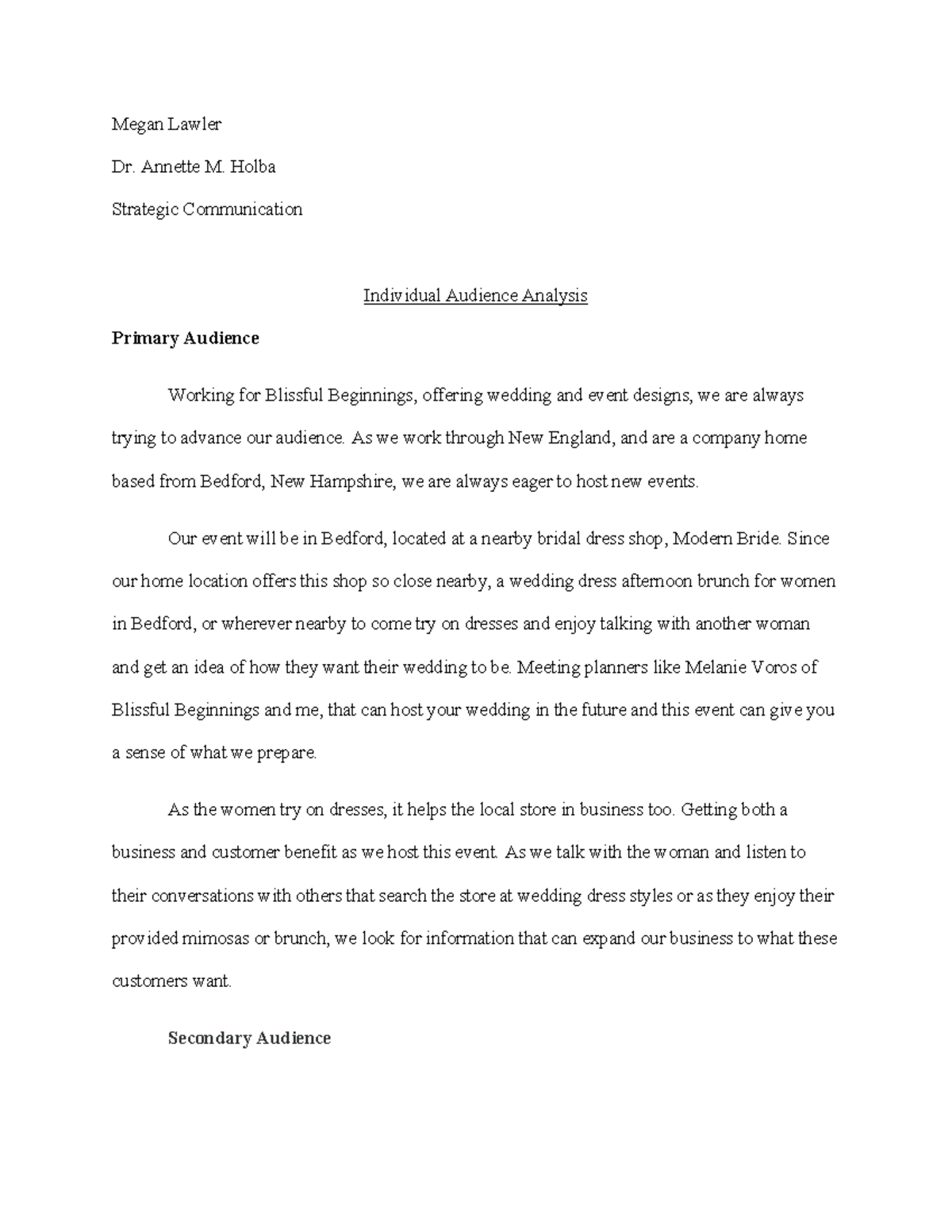 Individual Audience Analysis - Megan Lawler Dr. Annette M. Holba ...