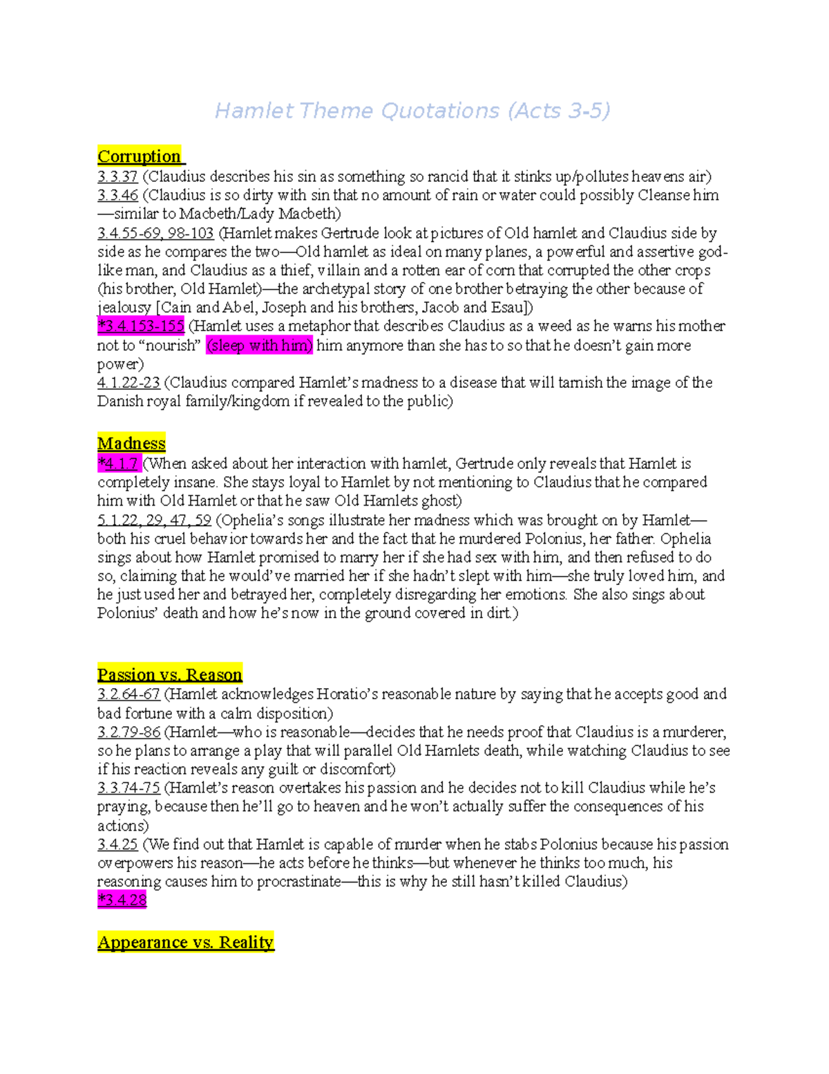 Hamlet Themes and Quotations - Hamlet Theme Quotations (Acts 3-5 ...