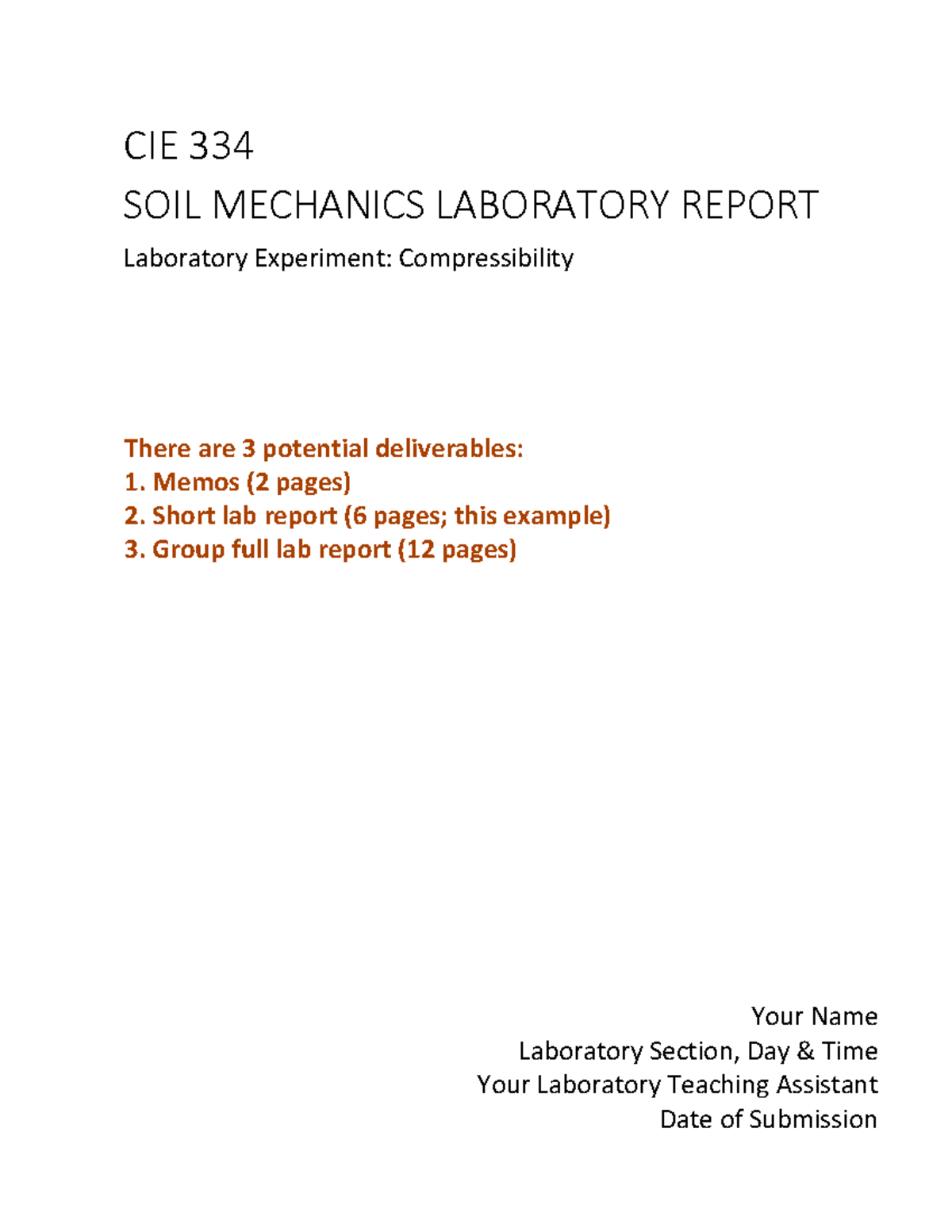 CIE 334 Example Short Laboratory Report - Your Name Laboratory Section ...