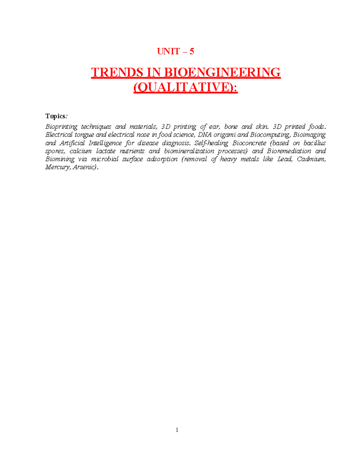 Unit-5 Biology For Engineers Notes - UNIT – 5 TRENDS IN BIOENGINEERING ...