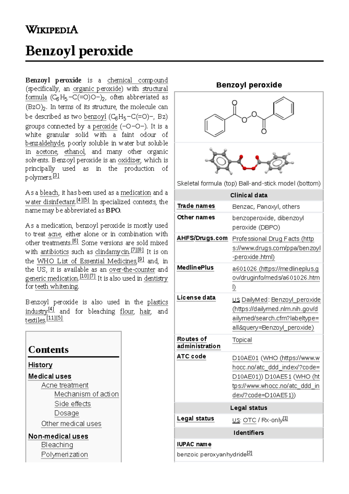 Benzoyl peroxide - Benzoyl peroxide Skeletal formula (top) Ball-and ...