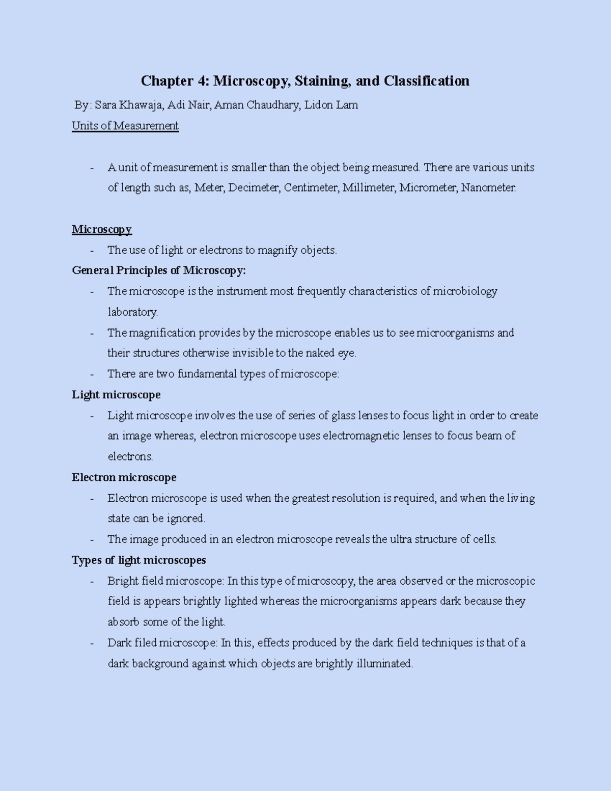 Learning A - assigbnment writing - Chapter 4: Microscopy, Staining, and Classification By: Sara ...