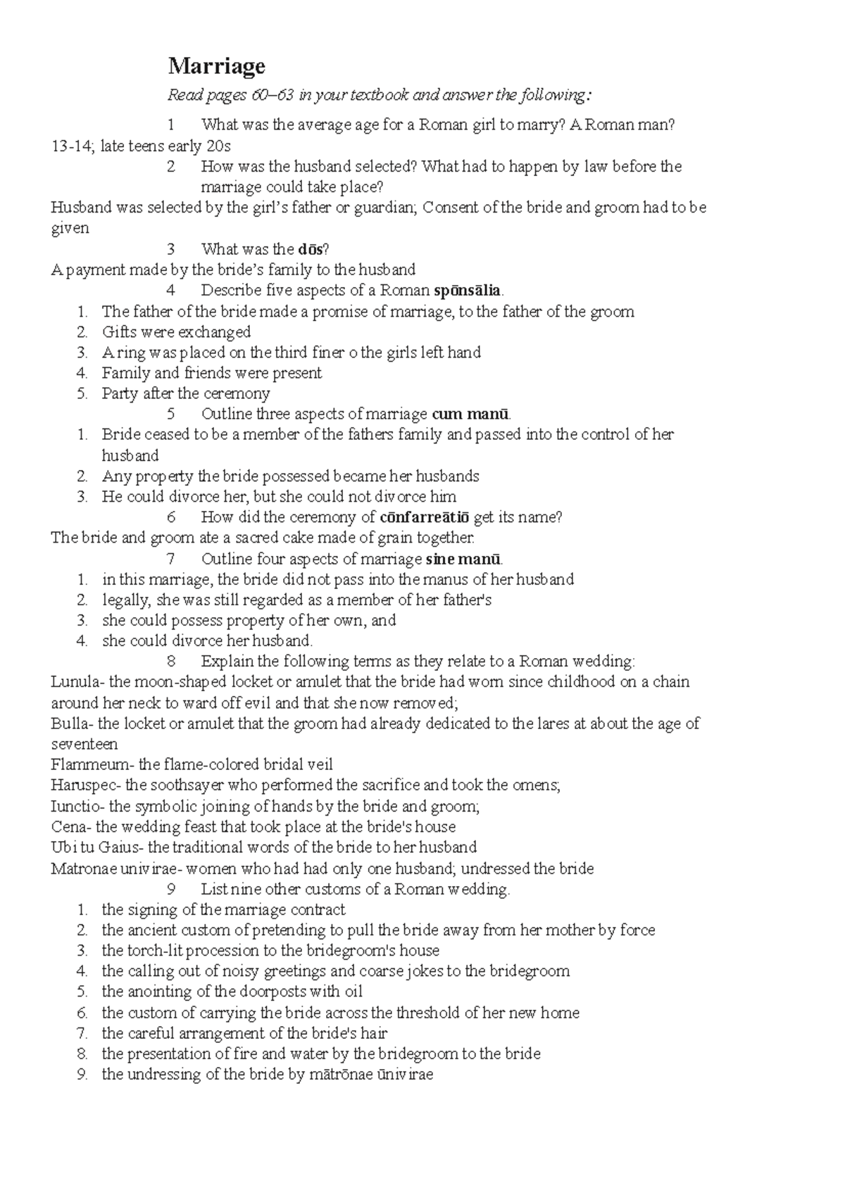 38 culture - Latin Homework from Chaminade St Louis - Marriage Read ...