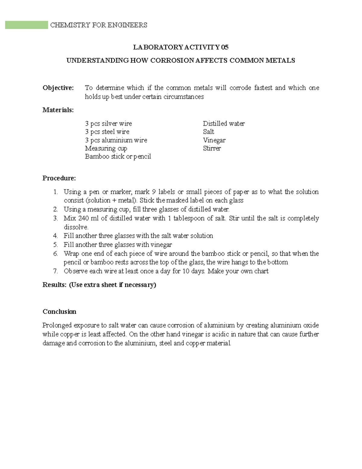 Lab 04 Understanding How Corrosion Affects Common Metals - LABORATORY ...