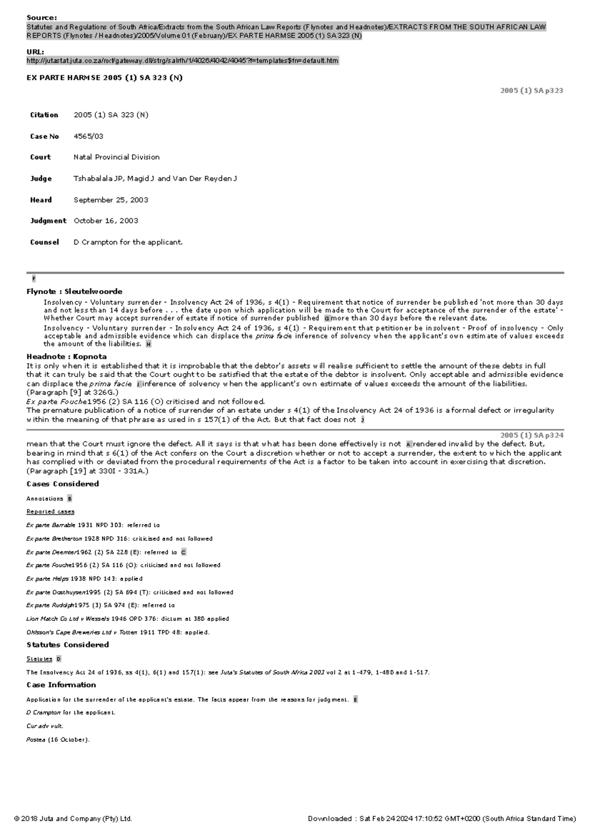 EX Parte Harmse 2005 (1) SA 323 (N) - Source: Statutes and Regulations ...