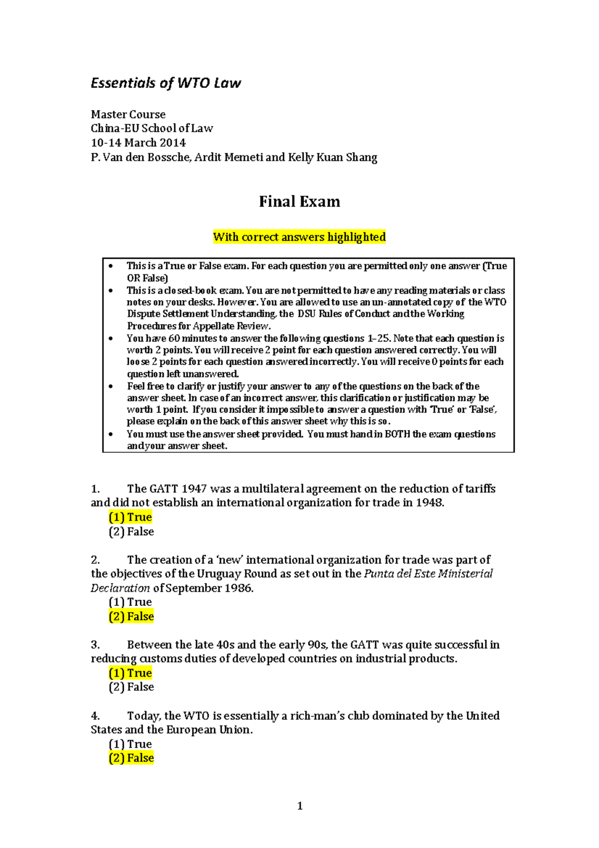 WTO true or false - sample questions for wto law - Essentials of WTO ...