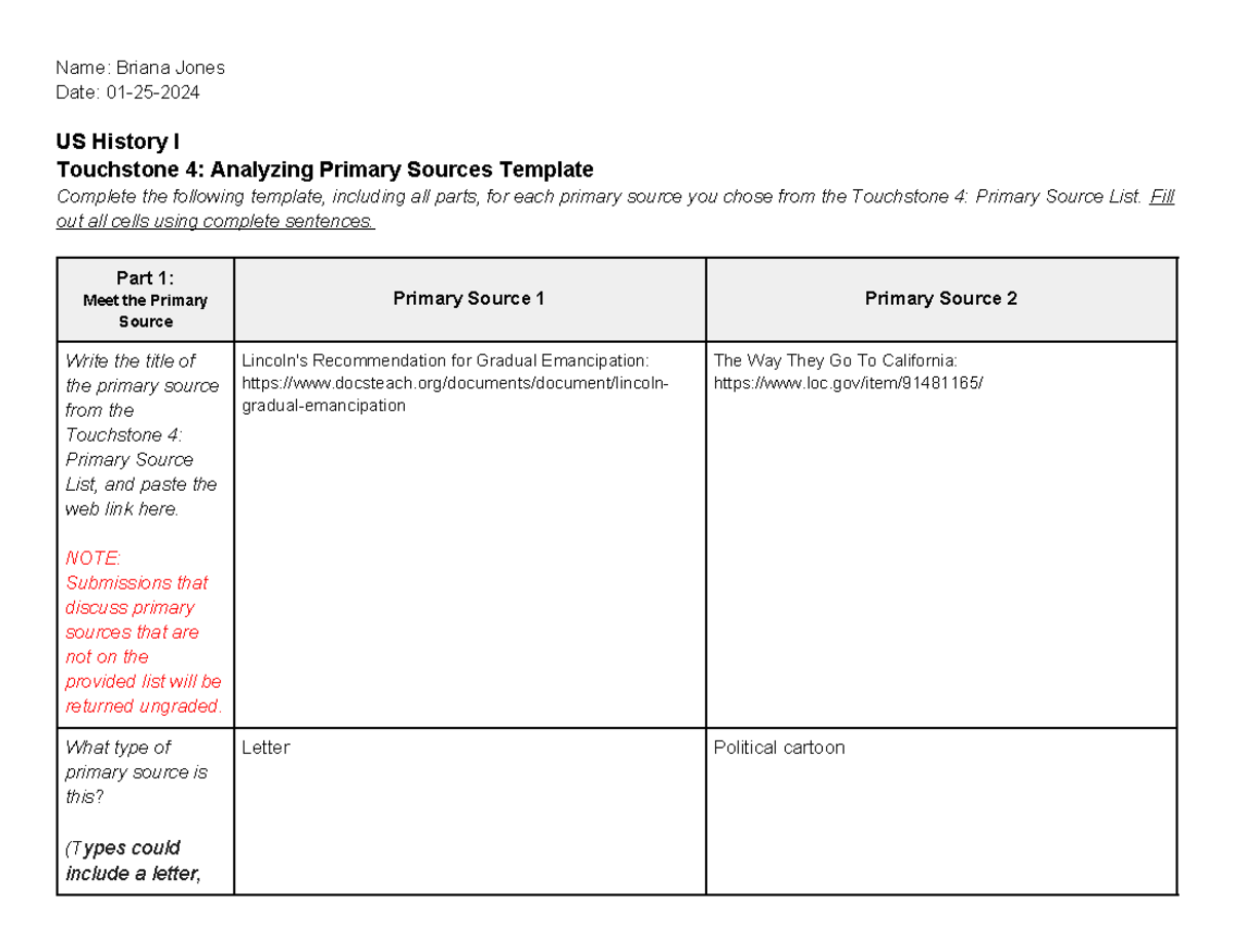 US History I Touchstone 4 SOPHIA - Name: Briana Jones Date: 01-25- US ...