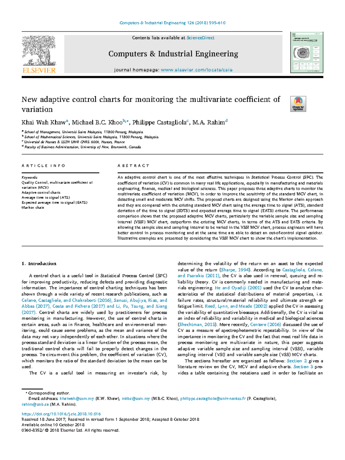 New Adaptive Control Charts For Monitoring The Multivariate Coefficient Of Contents Lists