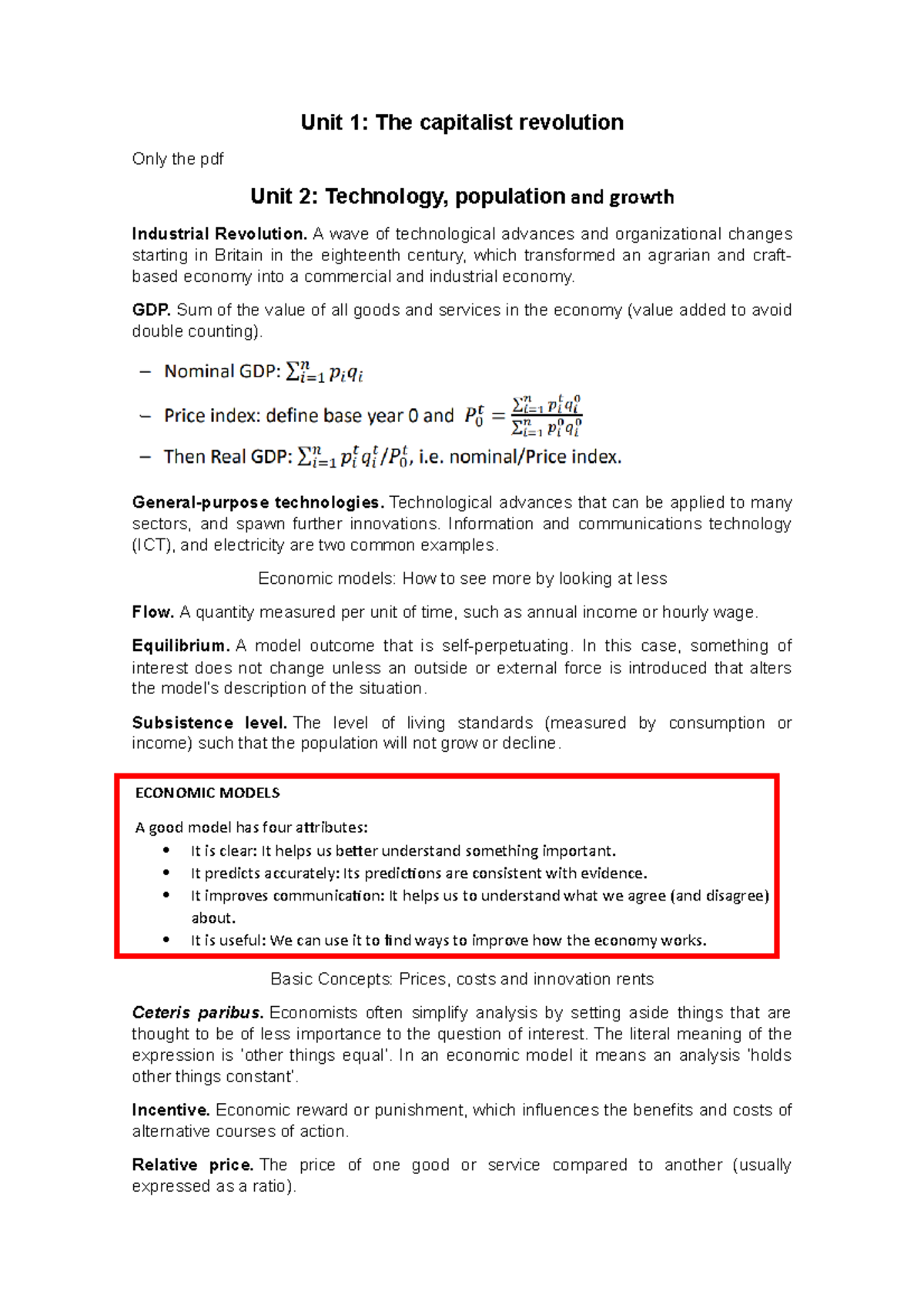 M1 Units 1-2 - Definitions - Unit 1: The capitalist revolution Only the pdf Unit 2: Technology ...