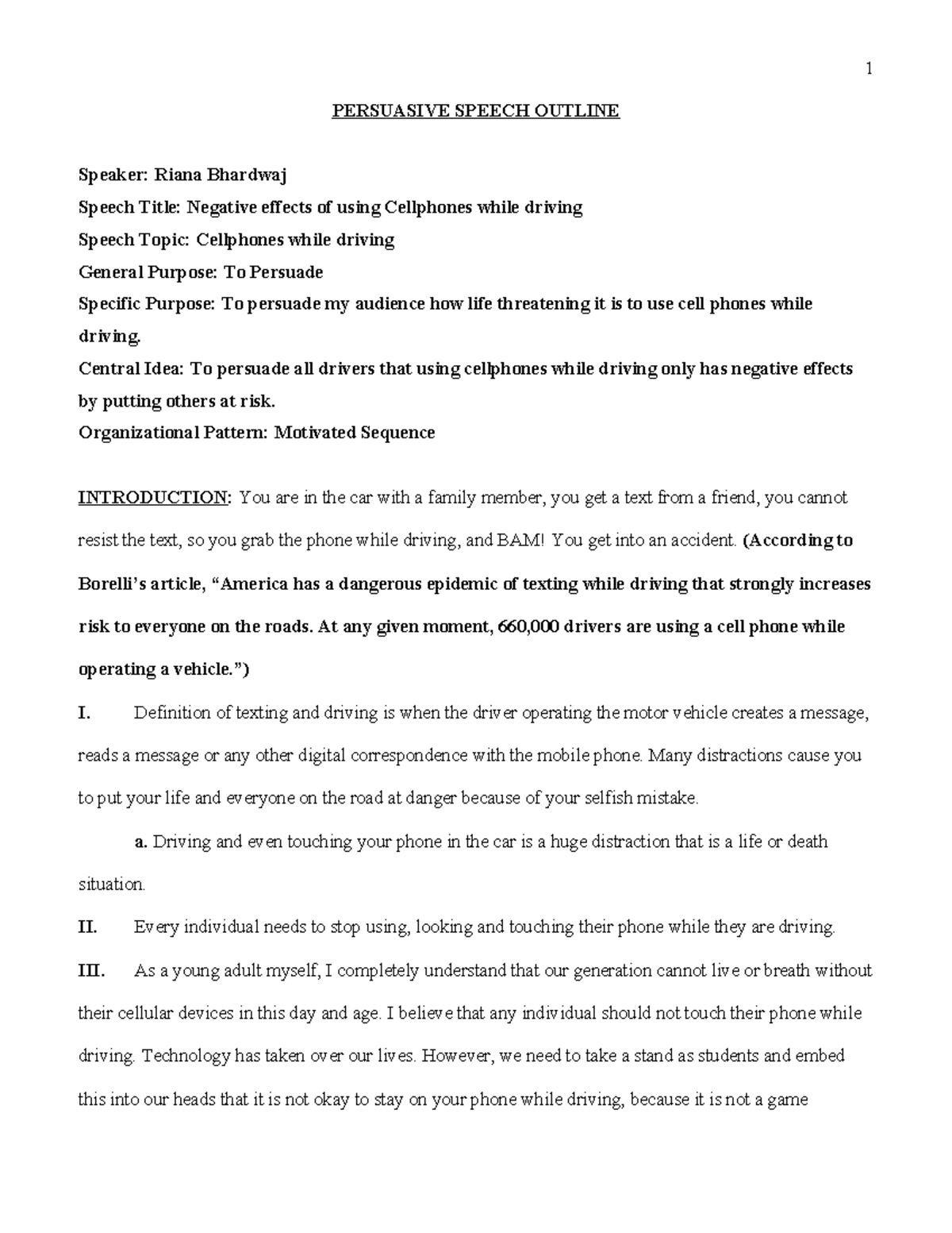 Persuasive Outline Template - PERSUASIVE SPEECH OUTLINE Speaker: Riana ...