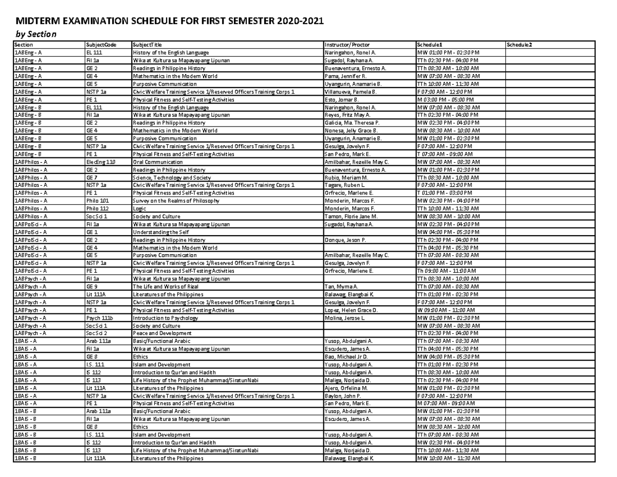 Midterm exam 2020 2021 1st sem by section Updated - Section SubjectCode ...