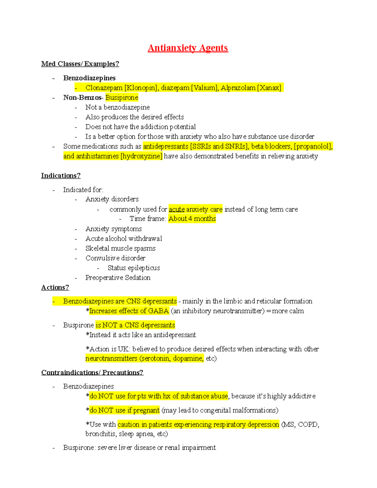 Pharm study guide - Antianxiety Agents Med Classes/ Examples ...