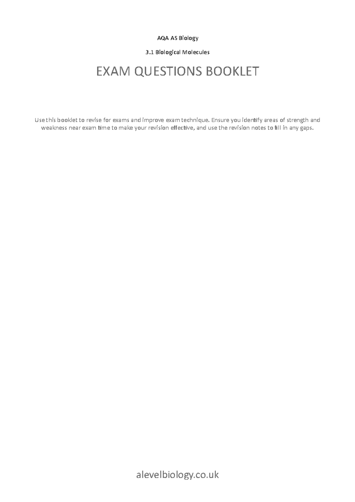 AQA AS Biology 3.1 Biological Molecules - Exam Questions Booklet - AQA ...