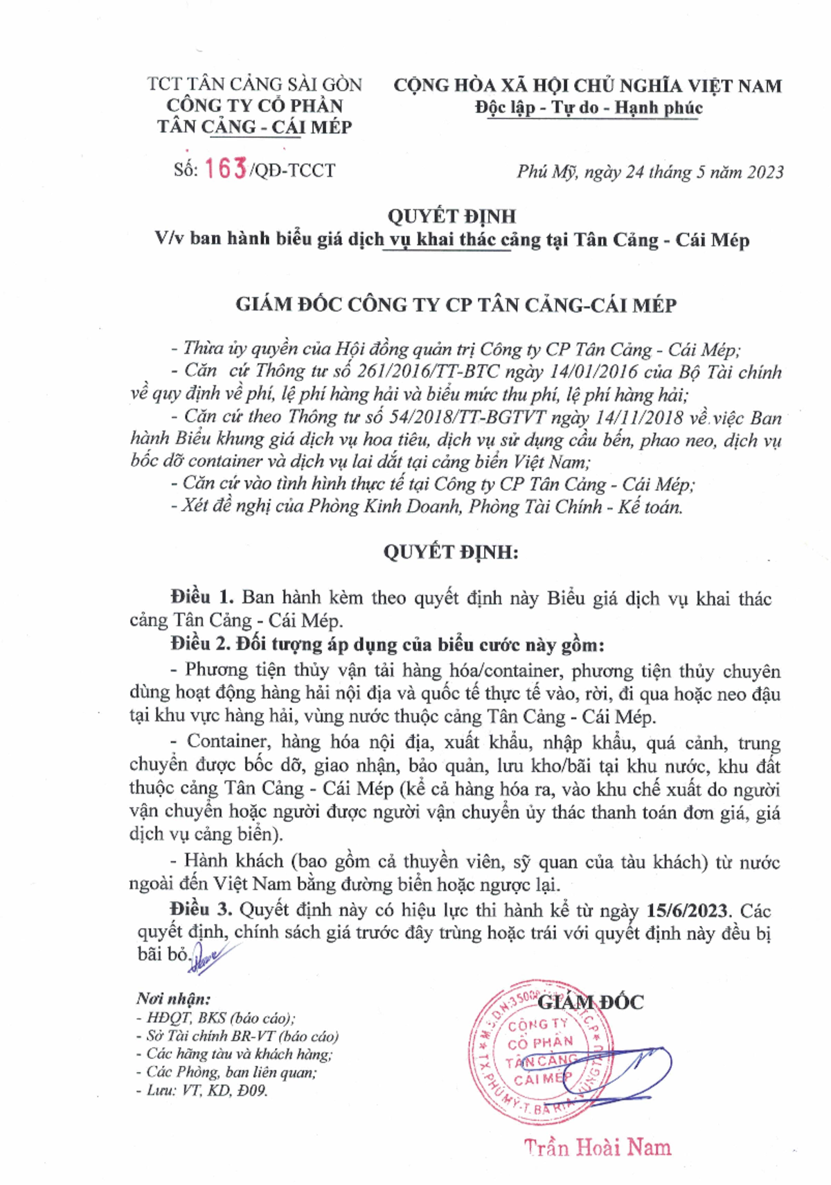 BIỂU GIÁ DỊCH VỤ CẢNG SỐ 163 NĂM 2023 - TCCT (áp dụng từ 15 - Thương ...