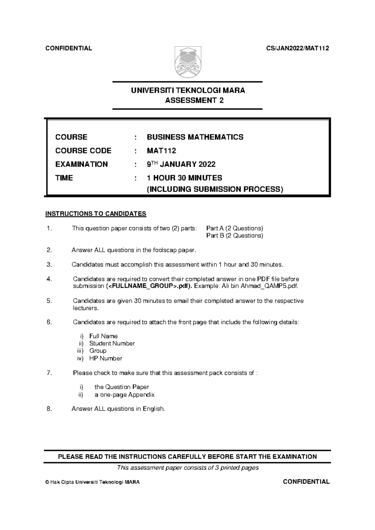Mat112 - lecture - © Hak Cipta Universiti Teknologi MARA CONFIDENTIAL CONFIDENTIAL 1 CS/JAN2022 ...