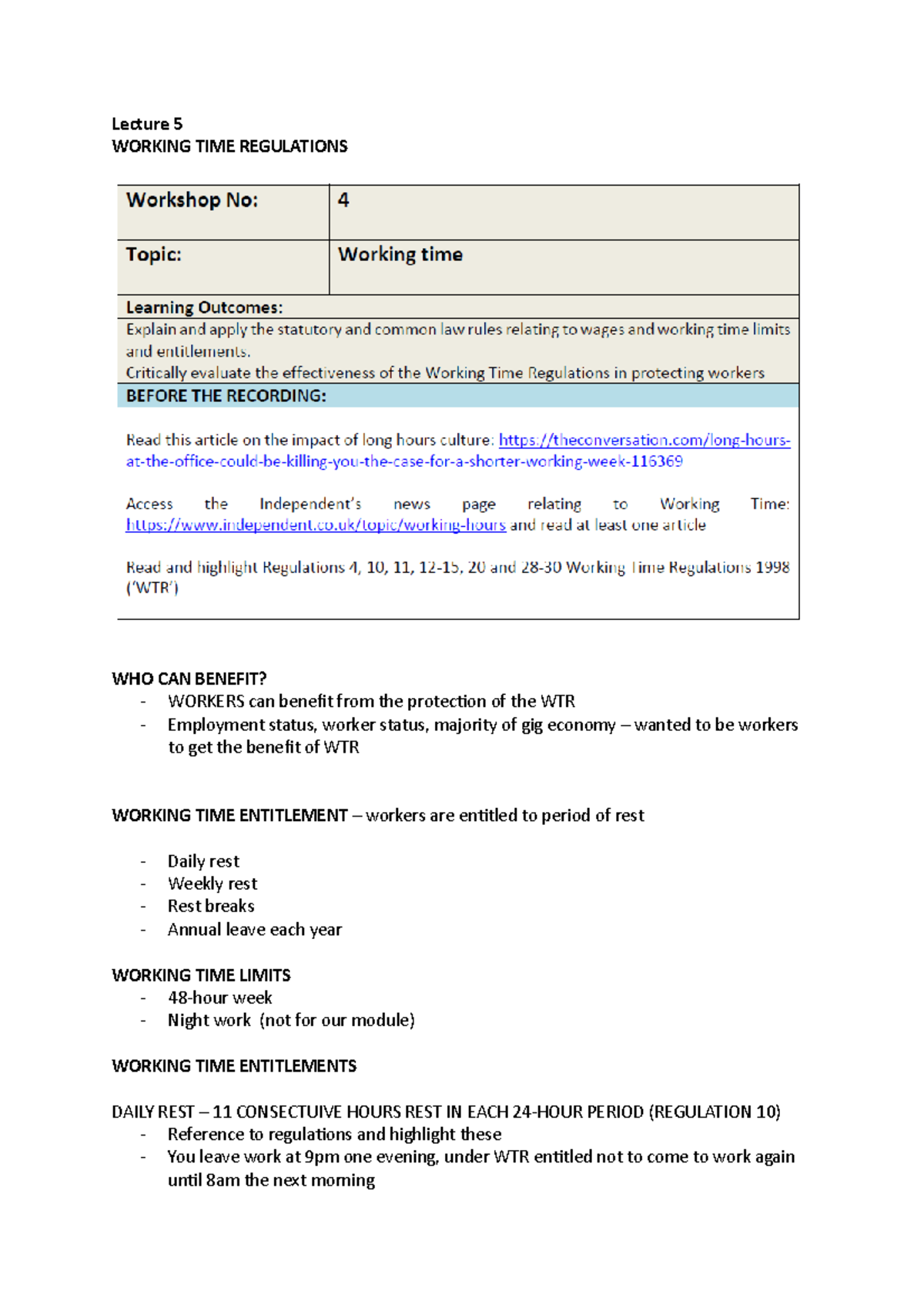 Working Time Regs Lecture 4 - Lecture 5 WORKING TIME REGULATIONS WHO ...