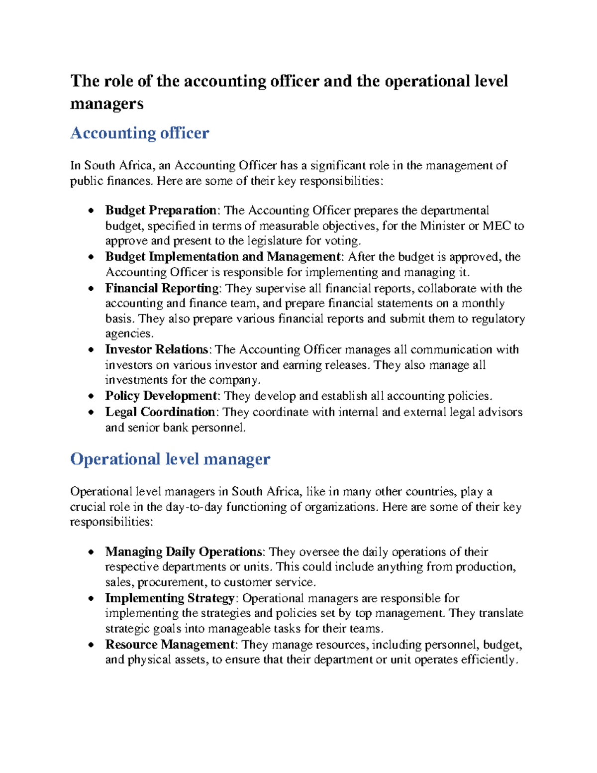 The role of the accounting officer and the operational level managers ...