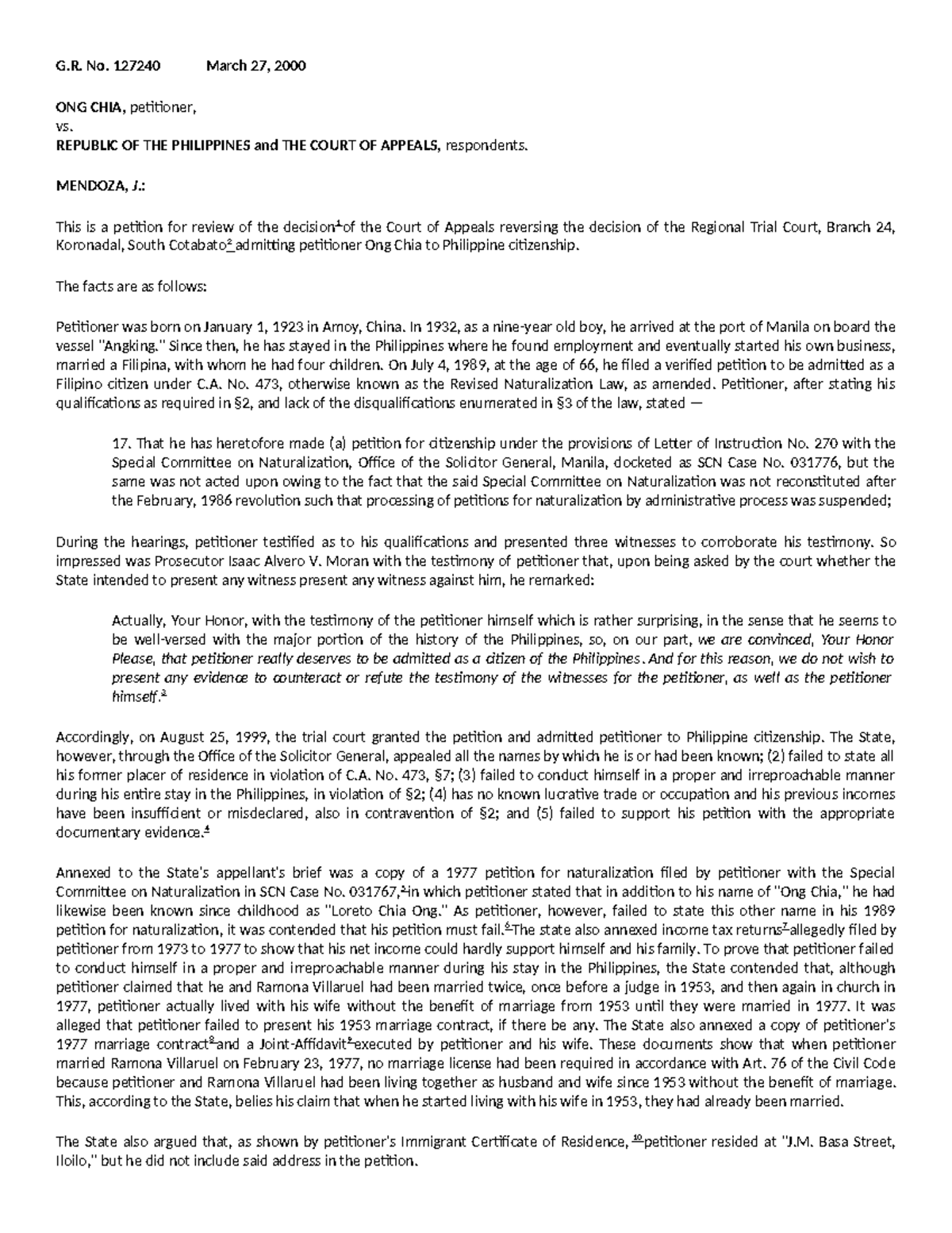 1 Ong Chia v. Republic - Full Text - G. No. 127240 March 27, 2000 ONG ...