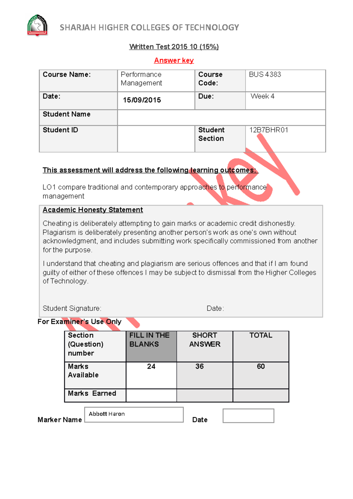 Assessment 1 Test key - EXERCISES - Written Test 2015 10 (15%) Answer ...