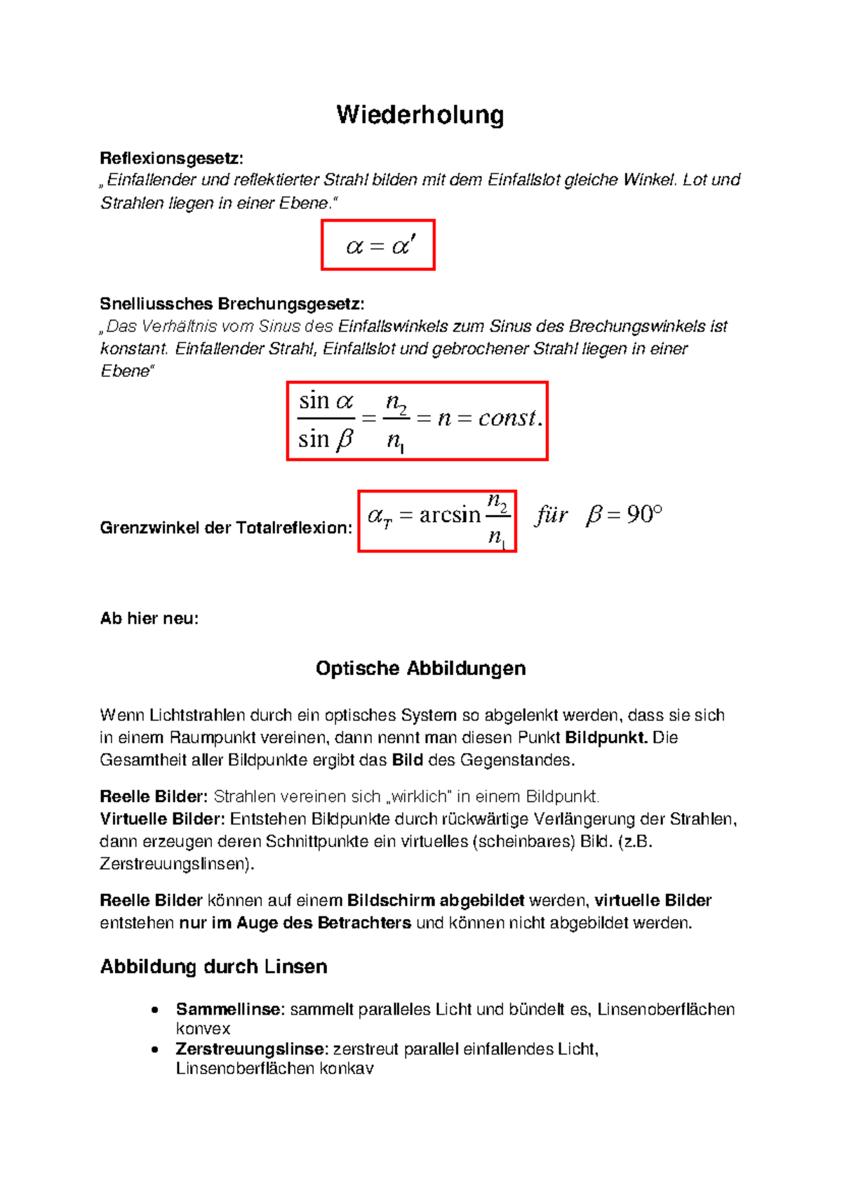 Skript Physik Teil 11 - Wiederholung Reflexionsgesetz: „Einfallender und reflektierter Strahl ...
