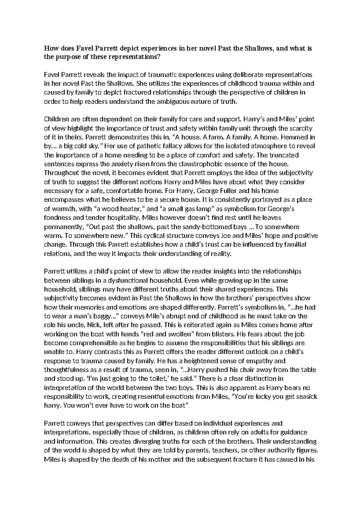 Pts essay copy 3 - How does Favel Parrett depict experiences in her ...