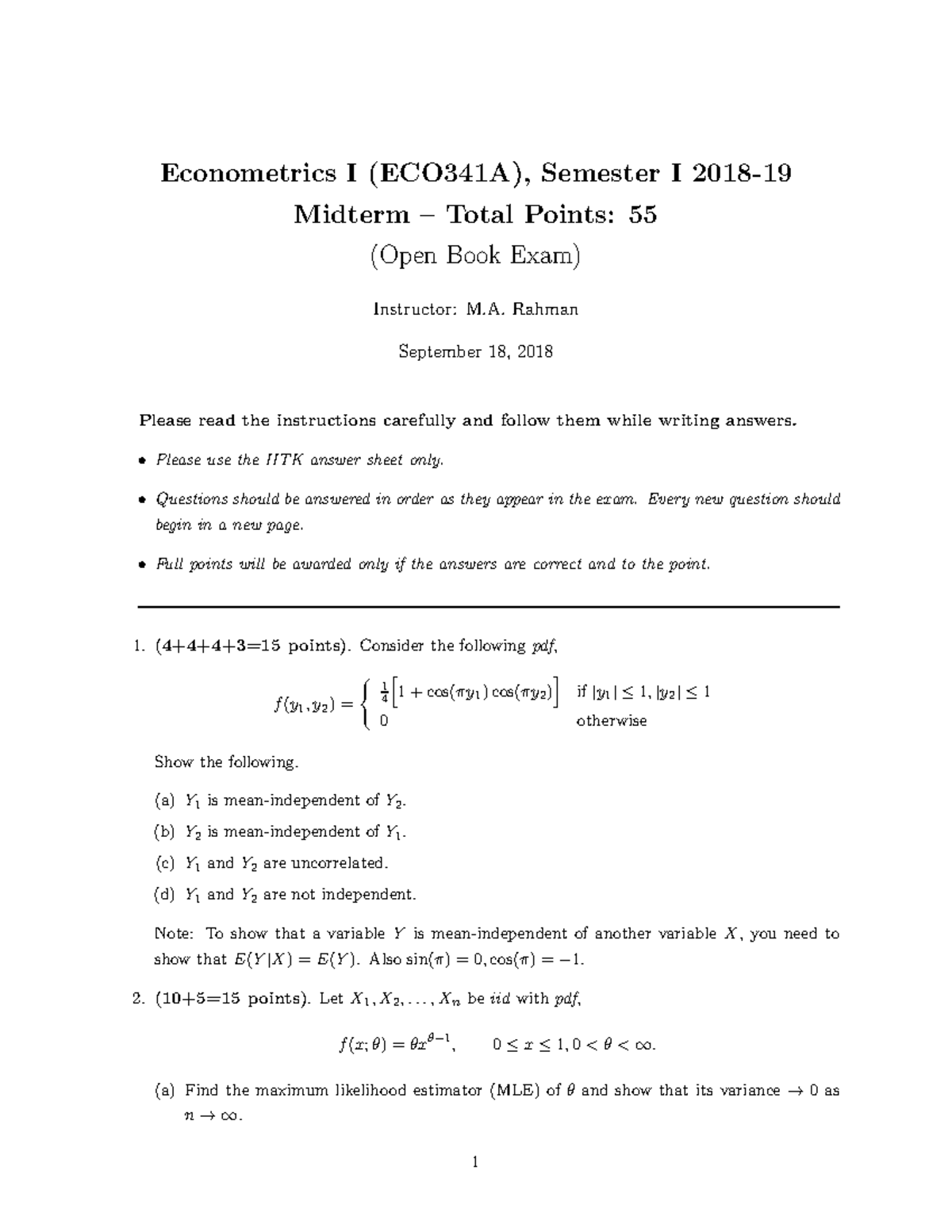 Midterm-Sem I 2018 - jbj - Econometrics I (ECO341A), Semester I 2018- Midterm – Total Points: 55 ...