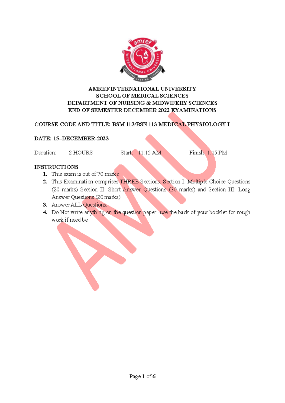 BSM 113 BSN 113 Medical Physiology I EXAM October 2023 - AMREF INTERNATIONAL UNIVERSITY SCHOOL ...