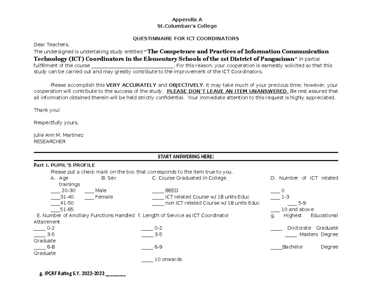 Questionnaire mam ict coordinator - Appendix A St’s College ...