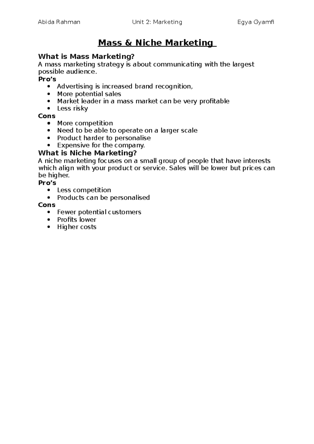Mass & Niche Marketing purpose and planning - Studocu