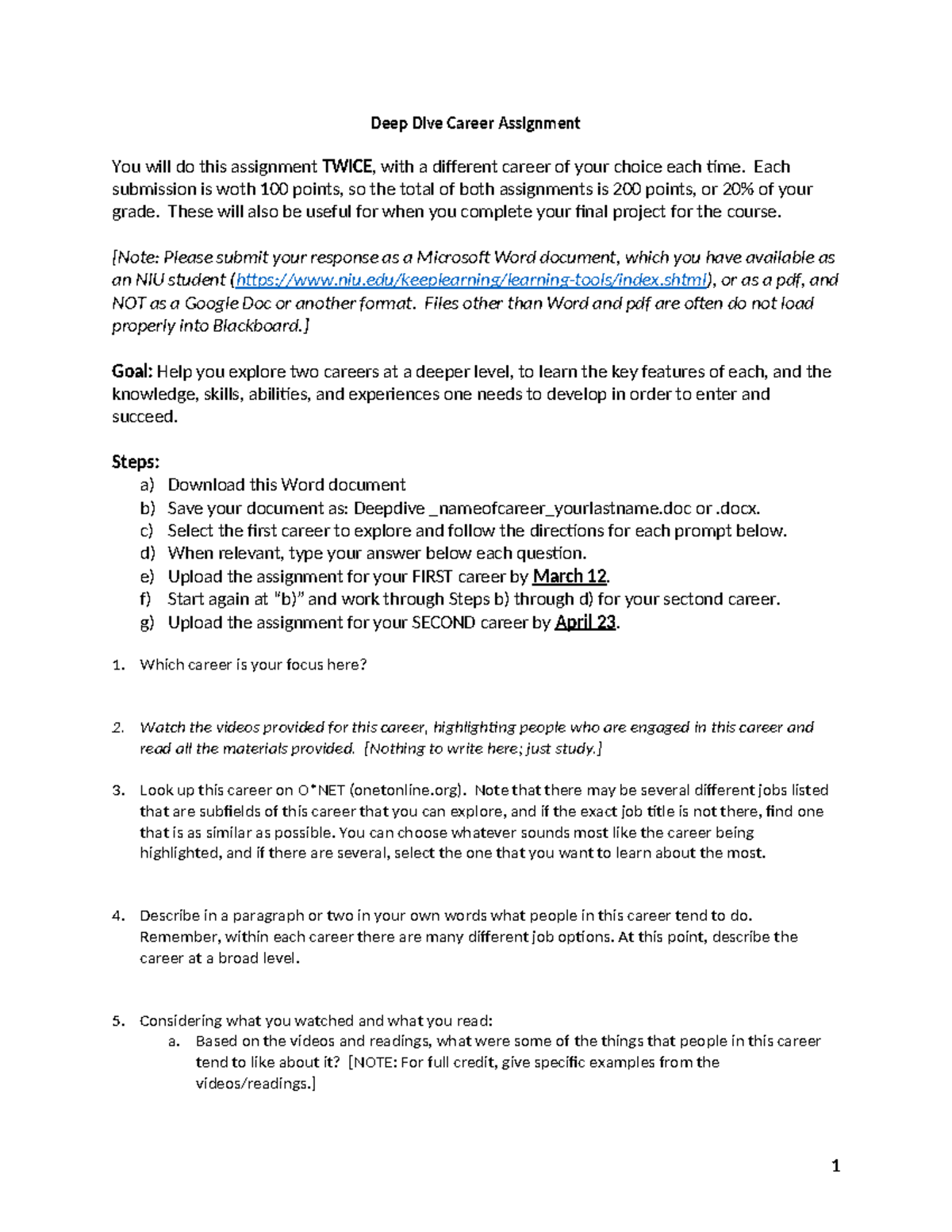 10 Deepdive assignment - Deep Dive Career Assignment You will do this ...