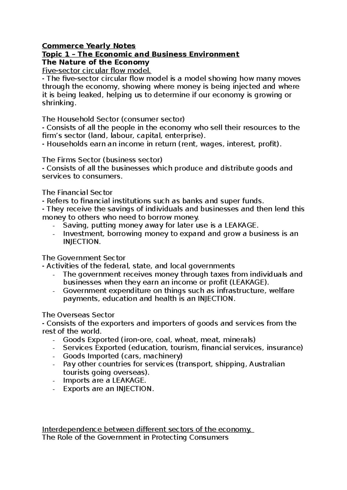 Commerce Yearly Notes - Commerce Yearly Notes Topic 1 – The Economic ...
