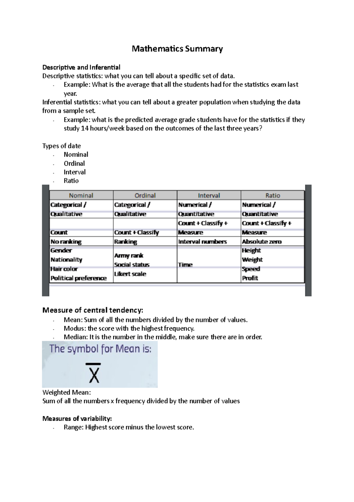 Mathematics Summary - Year 1 Q2 - Mathematics Summary Descriptive and ...