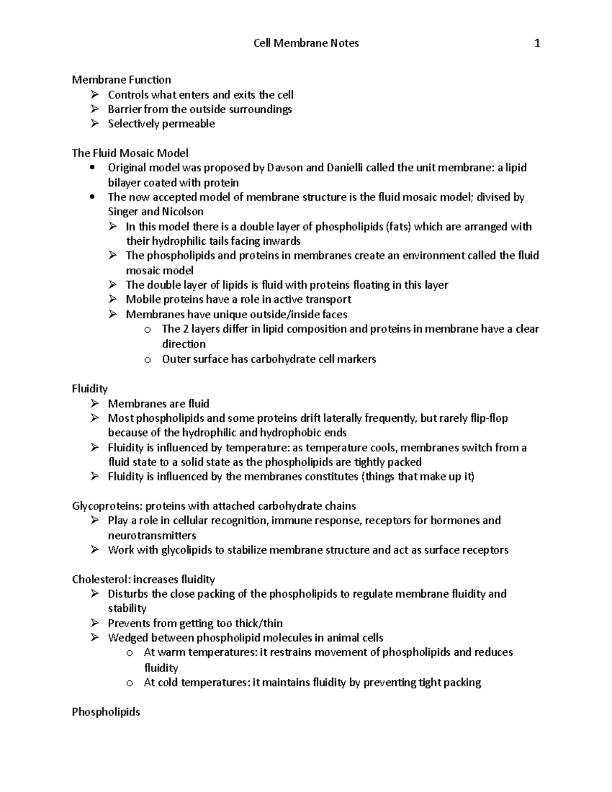 Cell membrane notes copy - Cell Membrane Notes Membrane Function ...