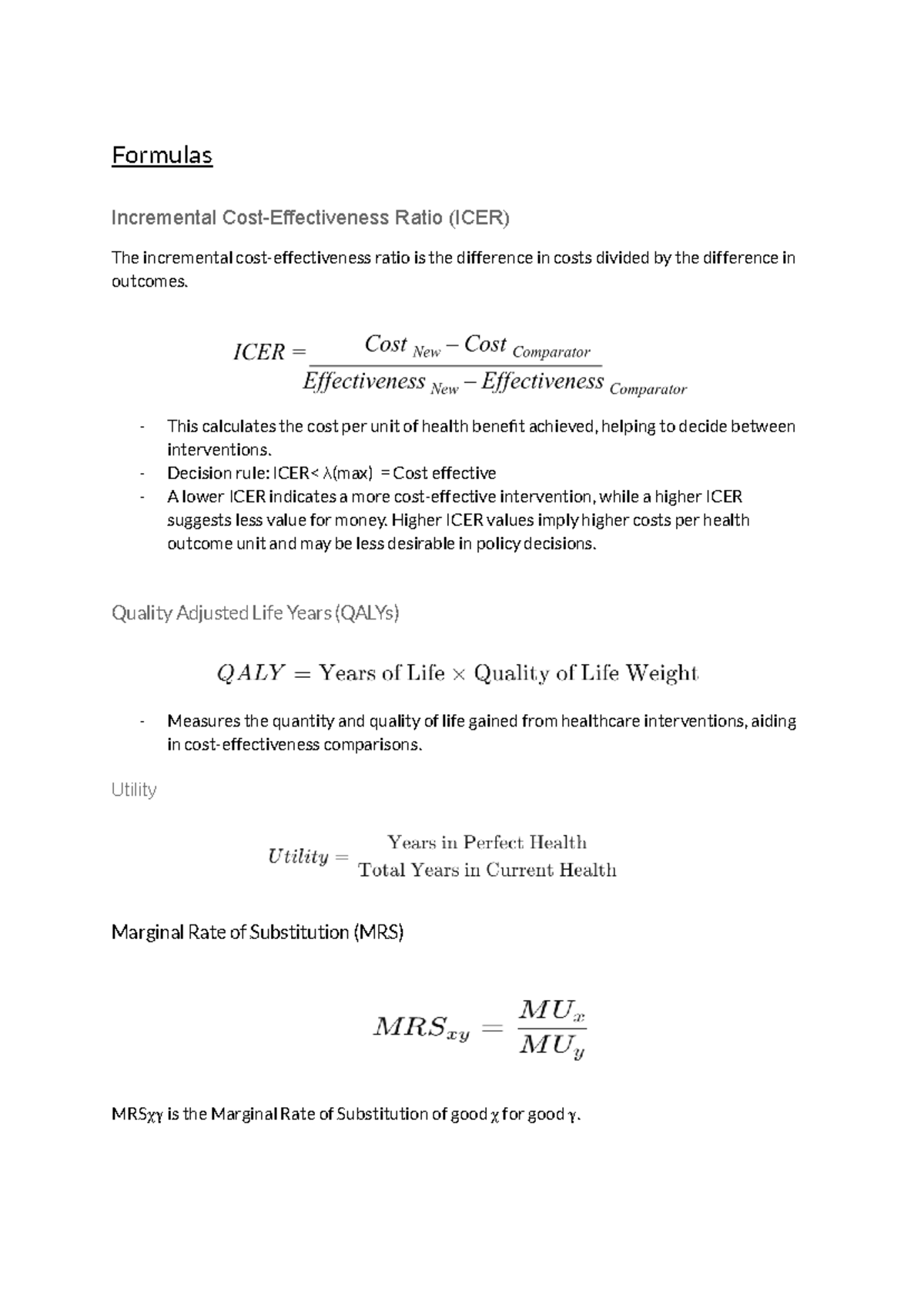 Key econ concepts+formulas - Formulas Incremental Cost-Effectiveness ...