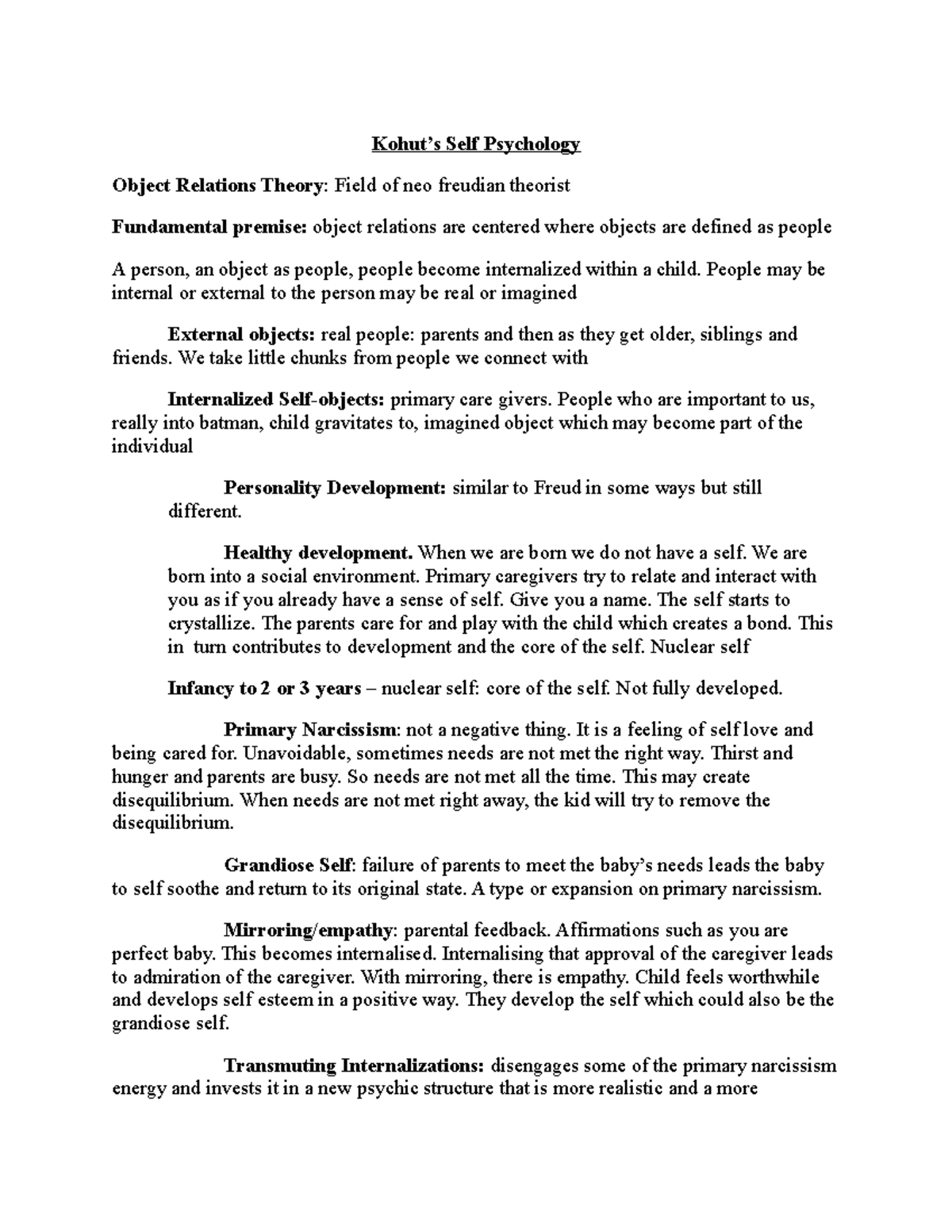 Psych 321 - Review - Kohut’s Self Psychology Object Relations Theory ...