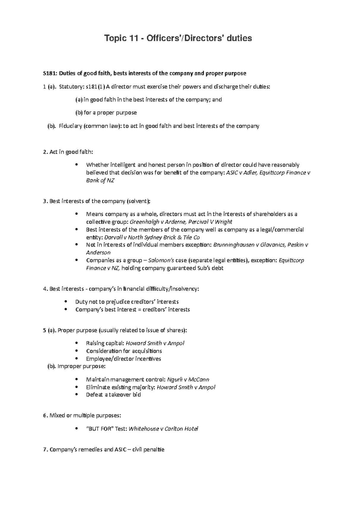 Topic 11 Officers & Directors duties Important Notes - Topic 11 duties ...