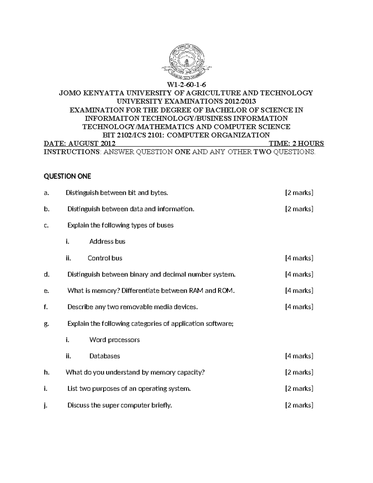 1.1 Ics exam 2012-2013 - A past paper - W1-2-60-1- JOMO KENYATTA ...