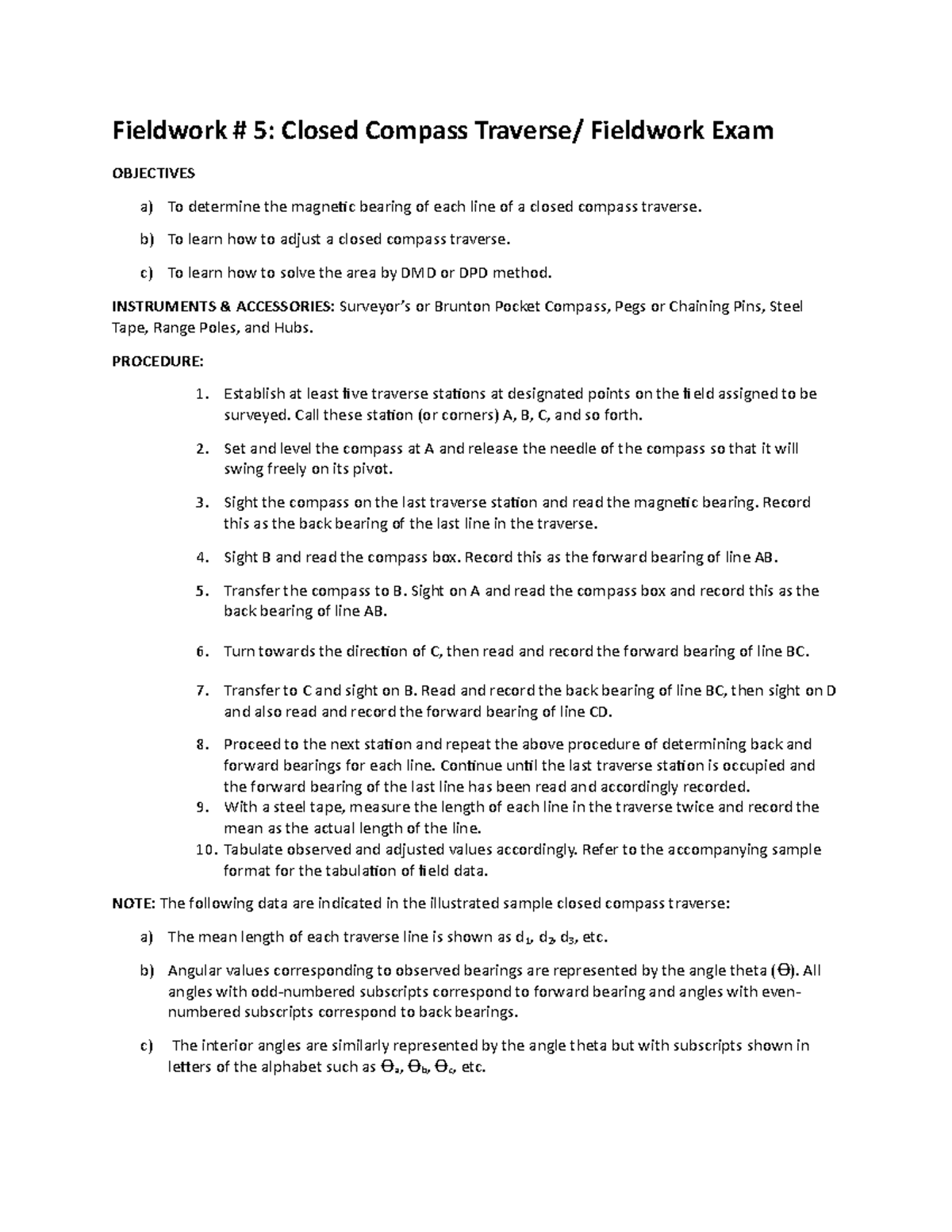 FW5 - FW5 - Fieldwork # 5: Closed Compass Traverse/ Fieldwork Exam ...