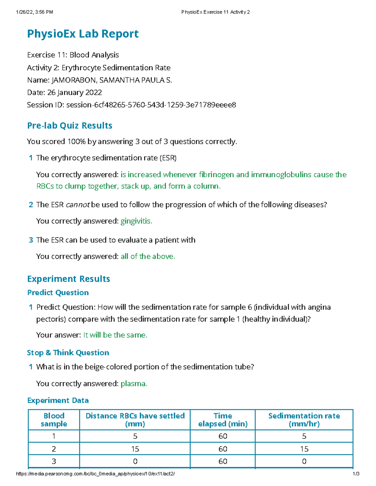 Physio Ex Exercise 11 Activity 2: Erythrocyte Sedimentation Rate - 1/26 ...