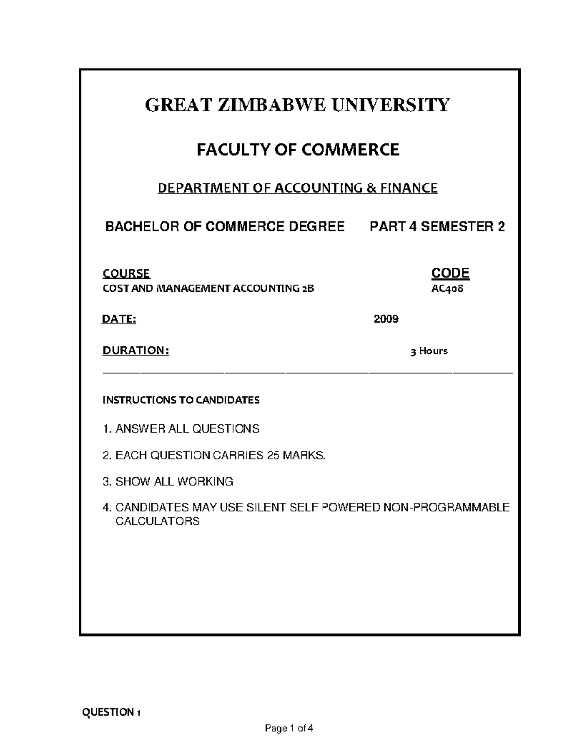 2009 Juneac 408 - Past exam paper. - GREAT ZIMBABWE UNIVERSITY FACULTY ...