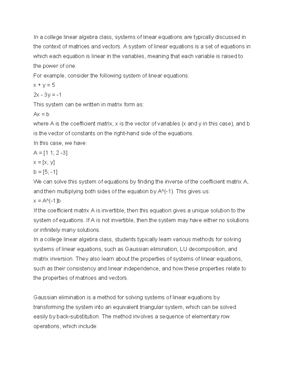 MATH2373 Matricies and vectors - In a college linear algebra class ...