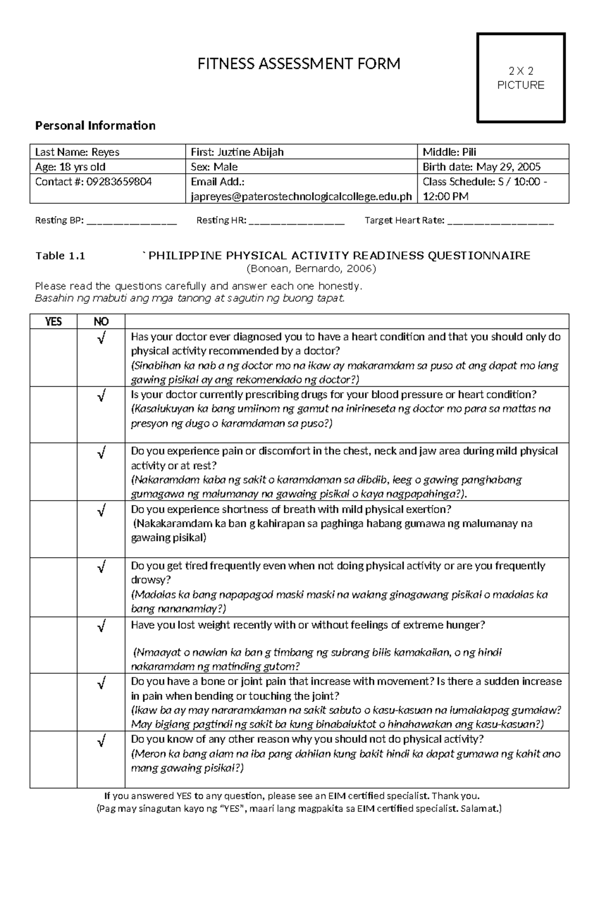 PAR-Q-Form for PCC students - FITNESS ASSESSMENT FORM Personal ...