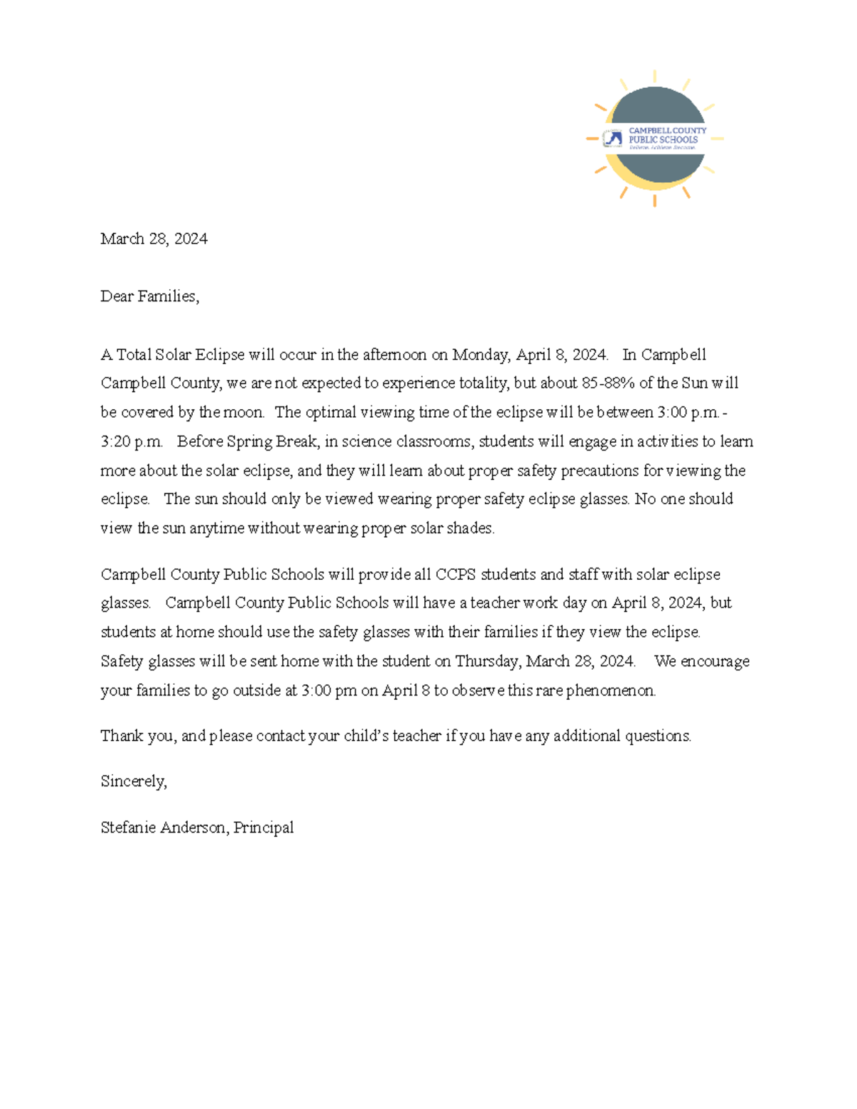 Secondary Eclipse Parent Letter Example - March 28, 2024 Dear Families ...